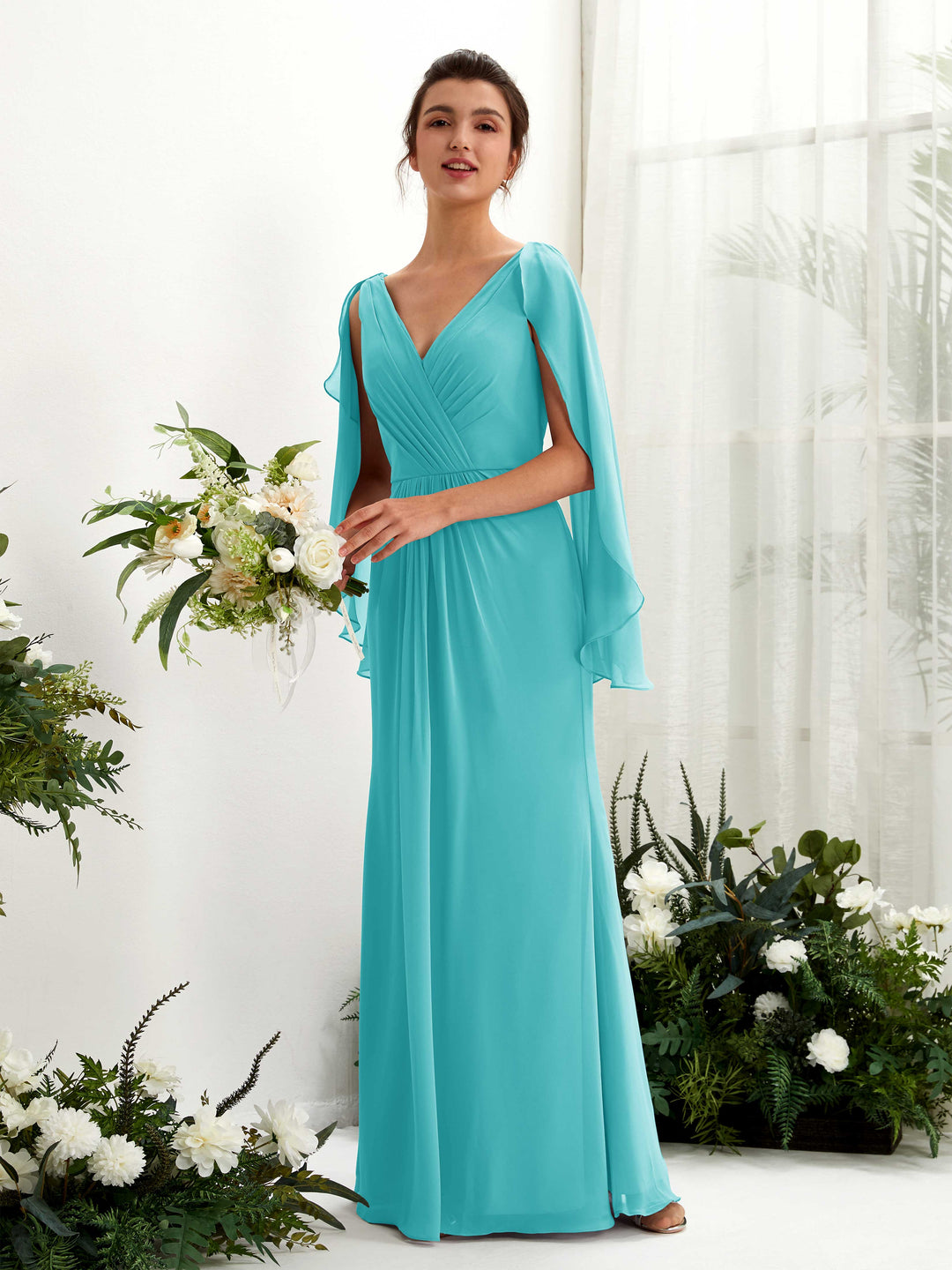 Turquoise Chiffon Bridesmaid Dress A-Line V-Neck Maxi with Ruched ...